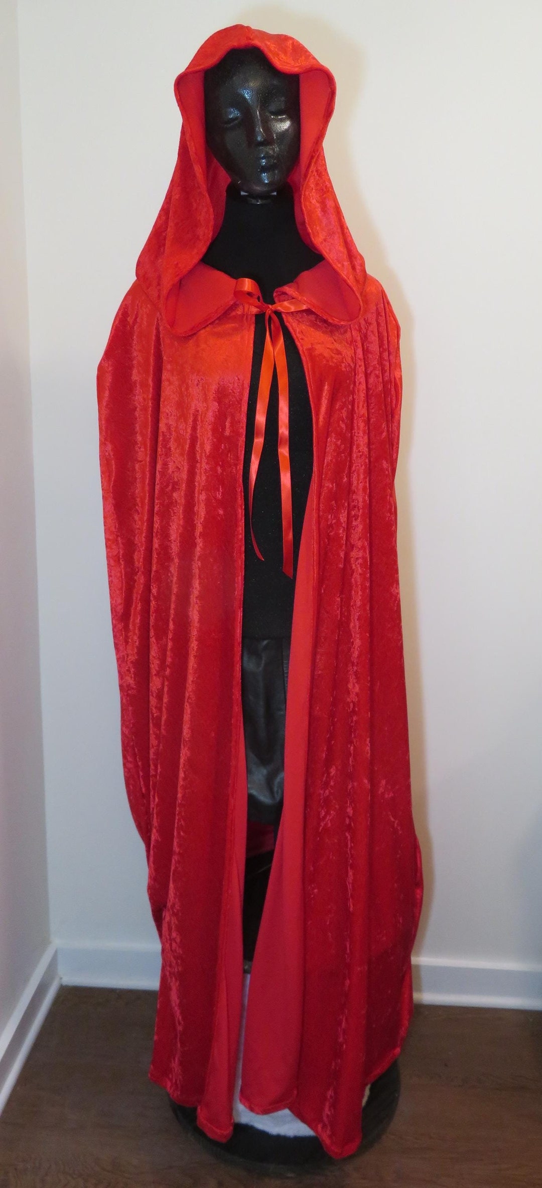 Extra Long Red Crushed Velvet Handmade Hooded Costume Cloak, Panne ...