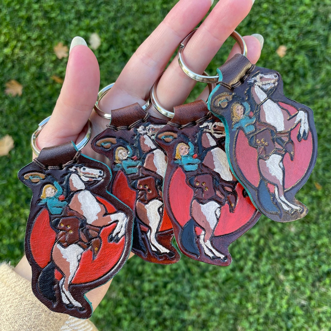 Vintage Cowgirl Keyfob - Rearing Horse- Leather Keychain - Western ...