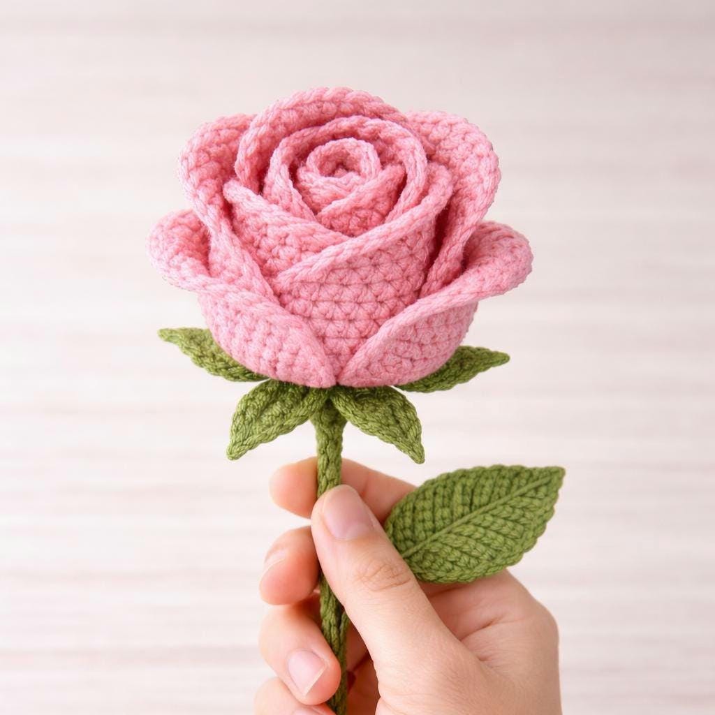 Realistic Crochet Rose Pattern PDF, Amigurumi Flower Tutorial With Stem ...
