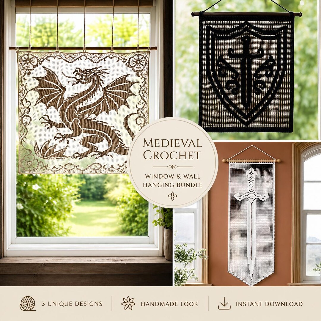 Filet Crochet Dragon Pattern Bundle: Gothic Medieval Wall Hanging (PDF ...