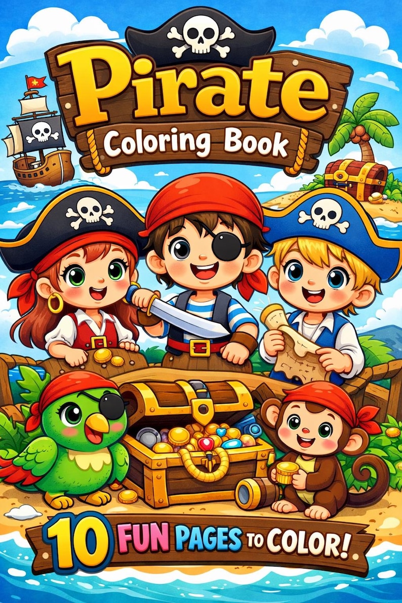 Pirate Coloring Book for Kids | 10 Fun Pages | Pirates Treasure ...