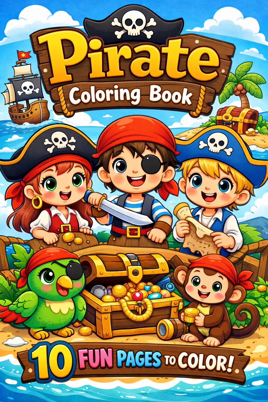 Pirate Coloring Book for Kids | 10 Fun Pages | Pirates Treasure ...