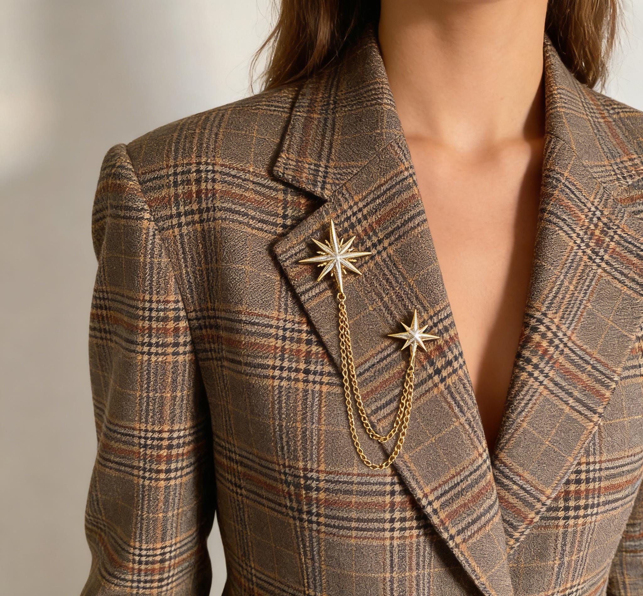 Gold Starburst Chain Brooch Alloy Crystal Double Star Lapel Pin - Etsy