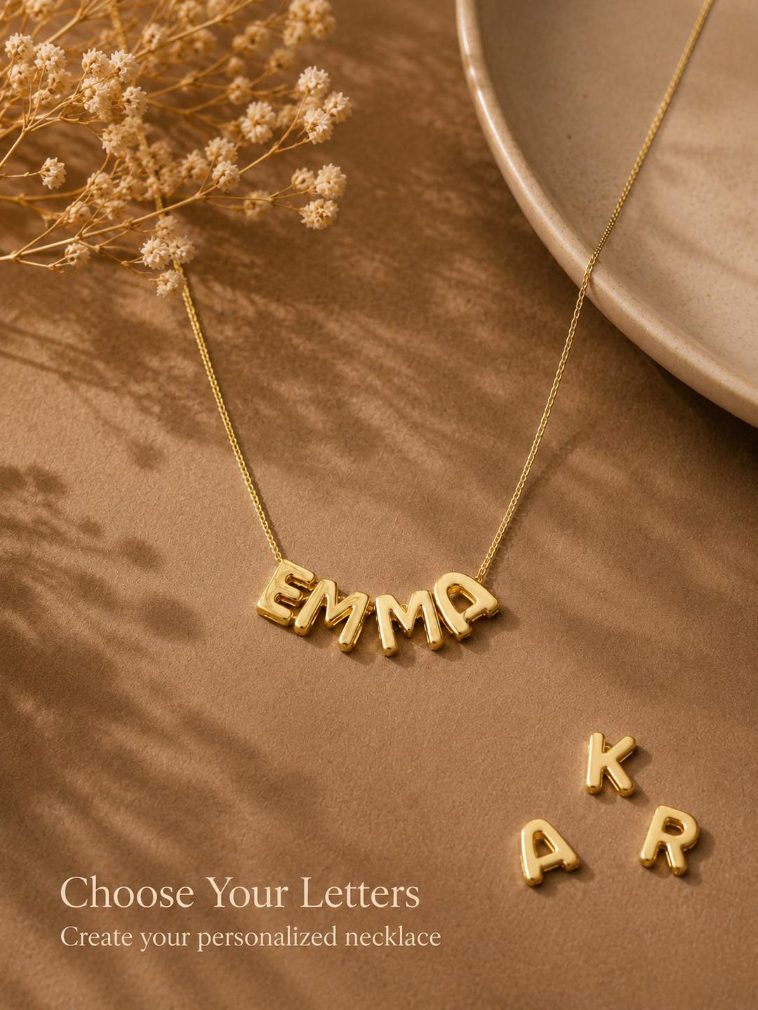 3D-Blasen-Buchstabe-Namenshalskette vergoldetes Sterlingsilber ...