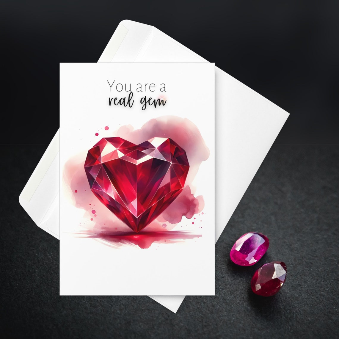 You Are a Real Gem, Watercolor Ruby Heart, Gemstone Birthday Card ...