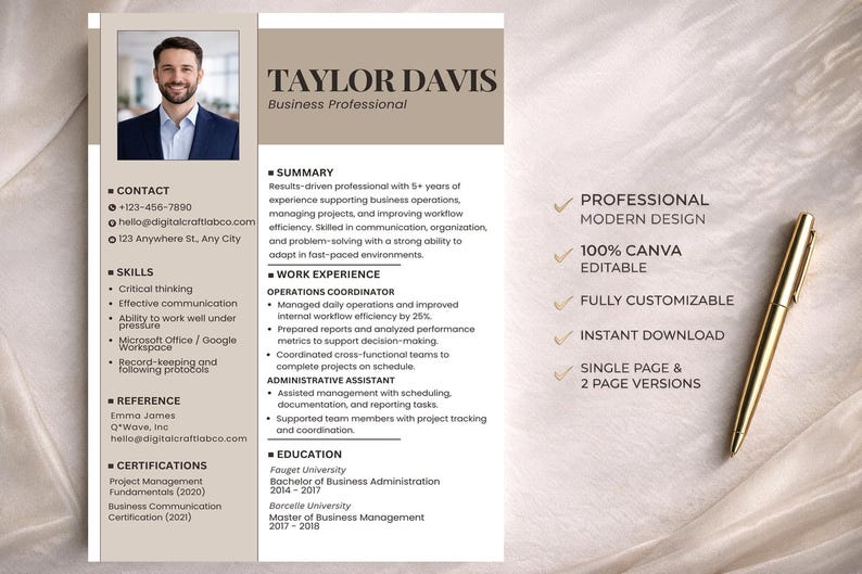 Canva Editable Modern Resume Template With Photo | 2026 Professional ...