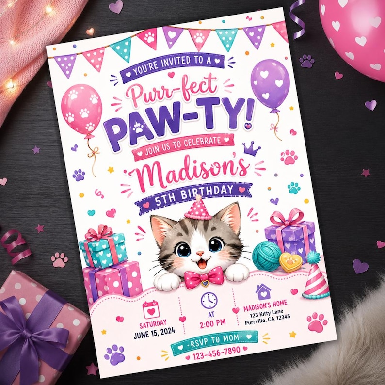 Cat Birthday Invitation, Editable Kitty Pawty Invite, Are You Kitten Me ...