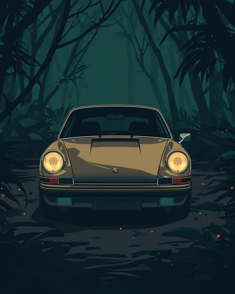 Vintage Sports Car Print | Moody Jungle Night Automotive Art (digital ...