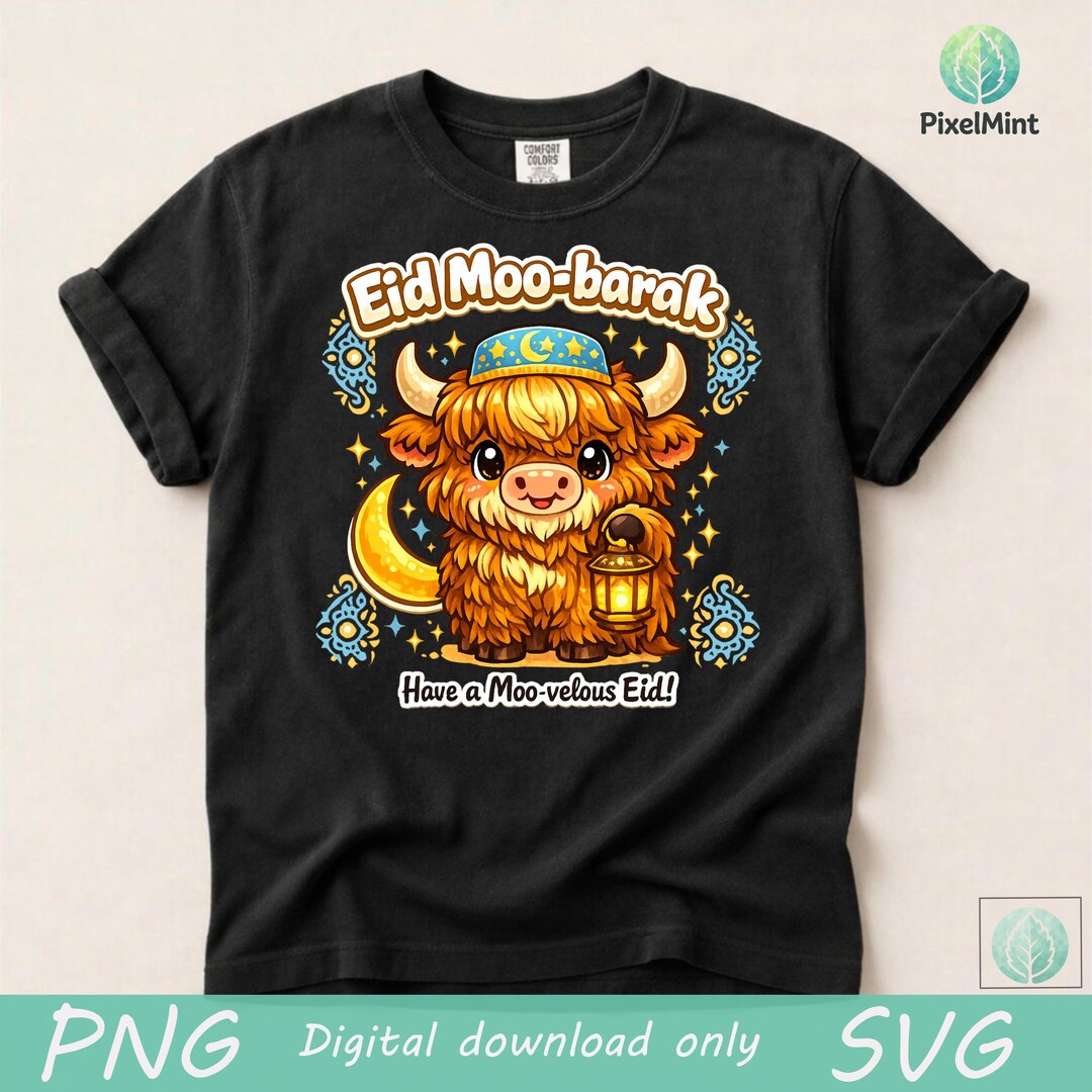 Eid Moo-barak Have a Moo-velous Eid! PNG: Cute Highland Cow Eid Mubarak ...