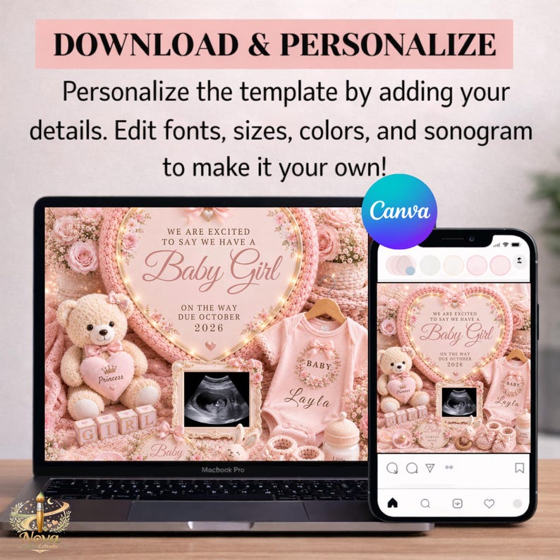 Baby Girl Pregnancy Announcement Template, Editable It's a Girl Gender ...
