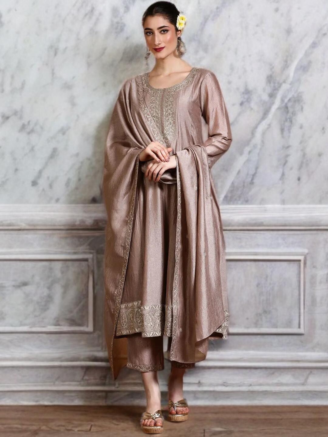Taupe Embroidered Kurta Set With Pants and Dupatta | Elegant Indian ...