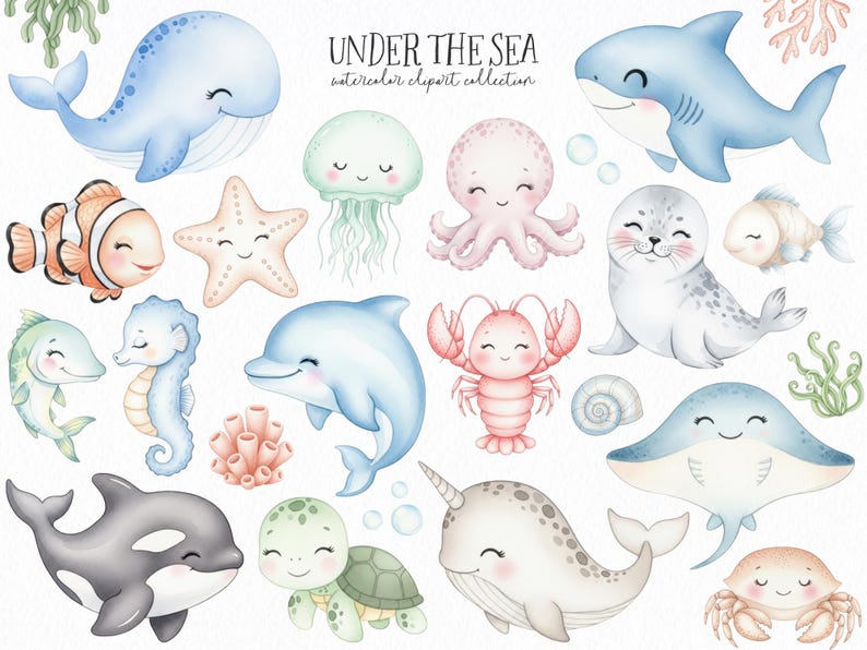 Under the Sea Clipart Bundle: Watercolor Ocean Animals PNG, Whale ...