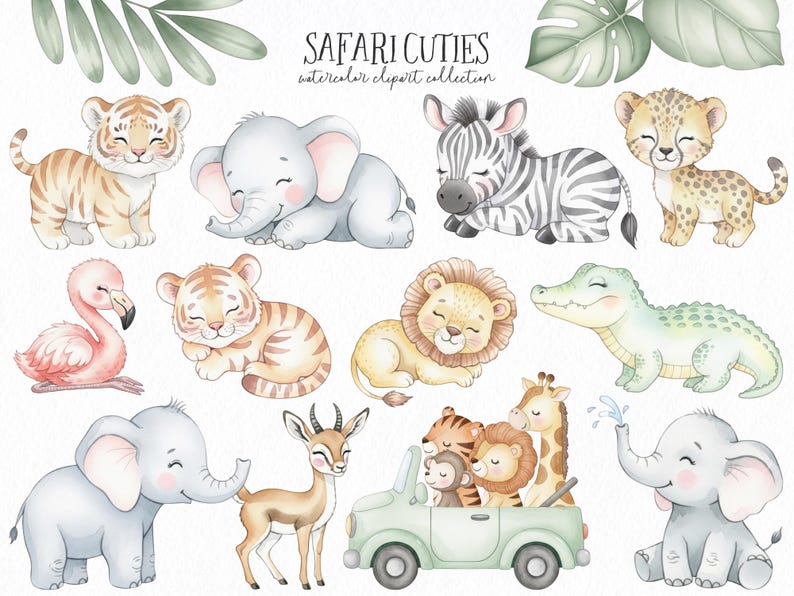 Safari Animals Clipart, Watercolor Jungle Babies, Safari Nursery PNG ...