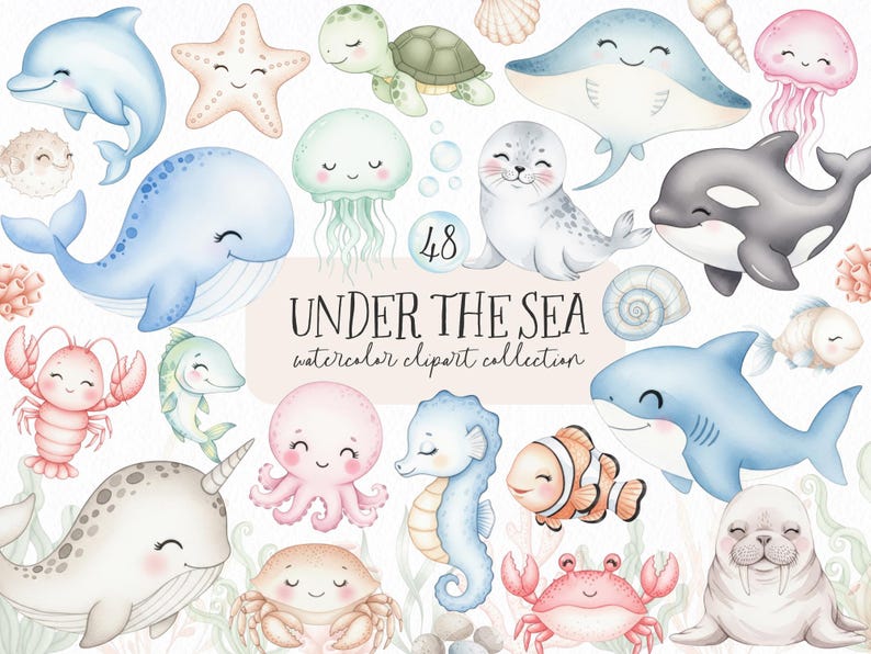 Under the Sea Clipart Bundle: Watercolor Ocean Animals PNG, Whale ...