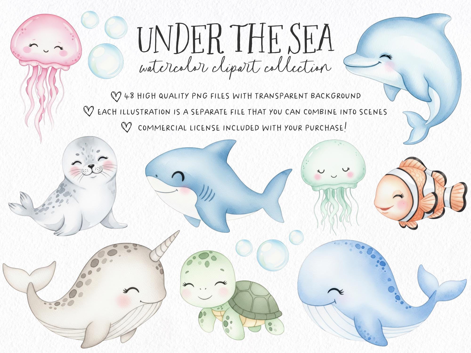 Under the Sea Clipart Bundle: Watercolor Ocean Animals PNG, Whale ...