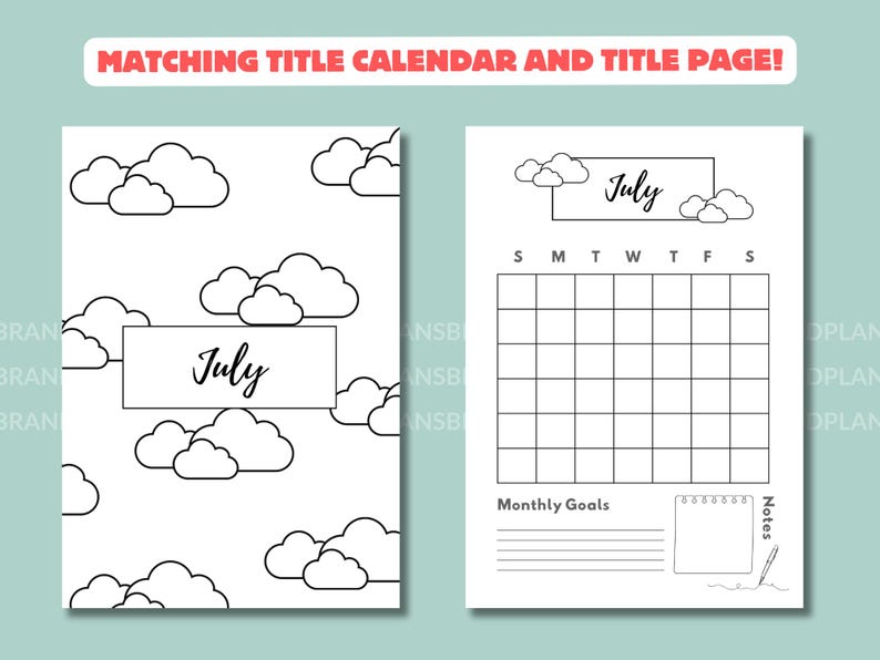 July Title Page & Calendar - Printable July Monthly Planner - Bullet ...