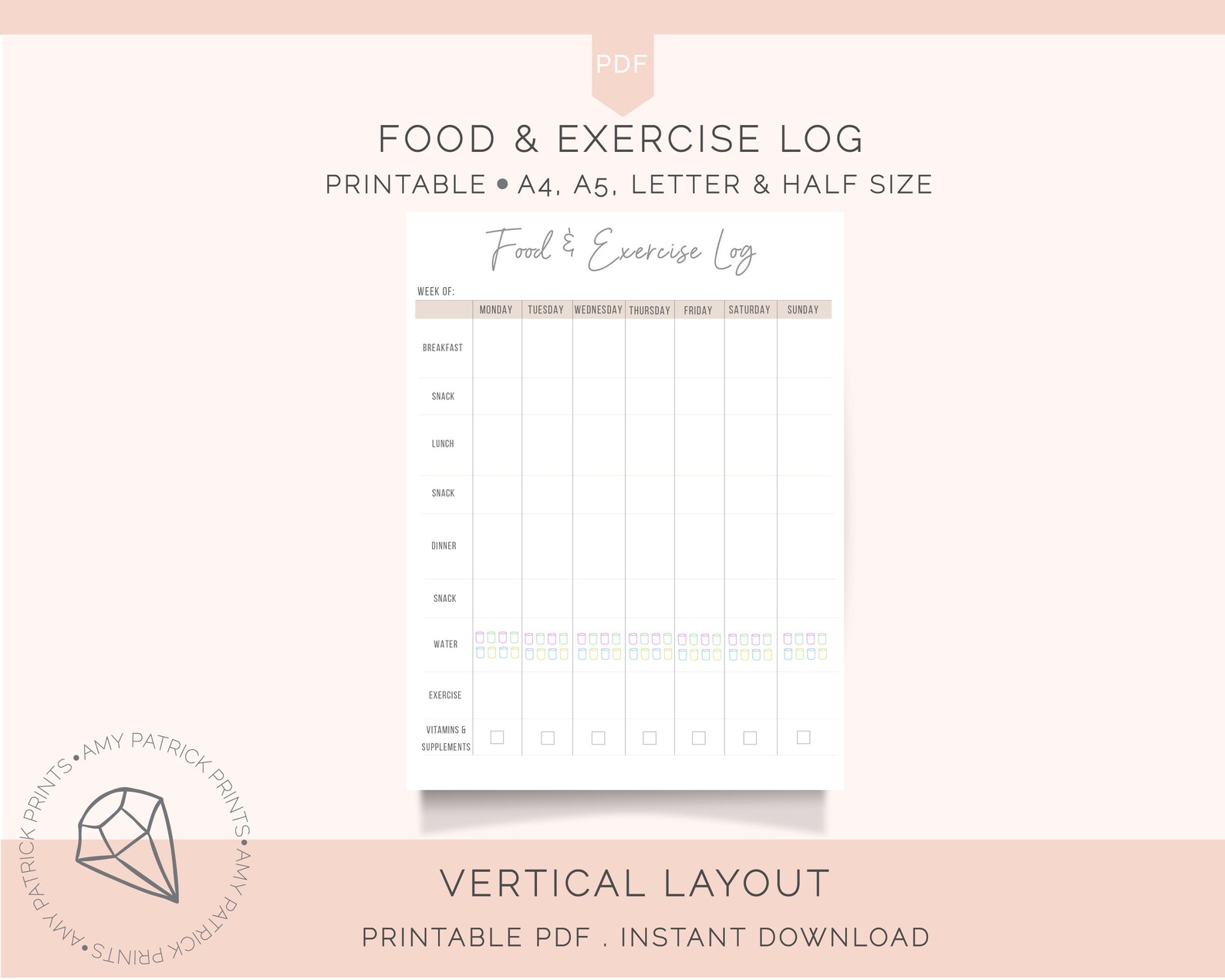 Food & Exercise Log Printable | Exercise Log | Food Tracker | INSTANT ...