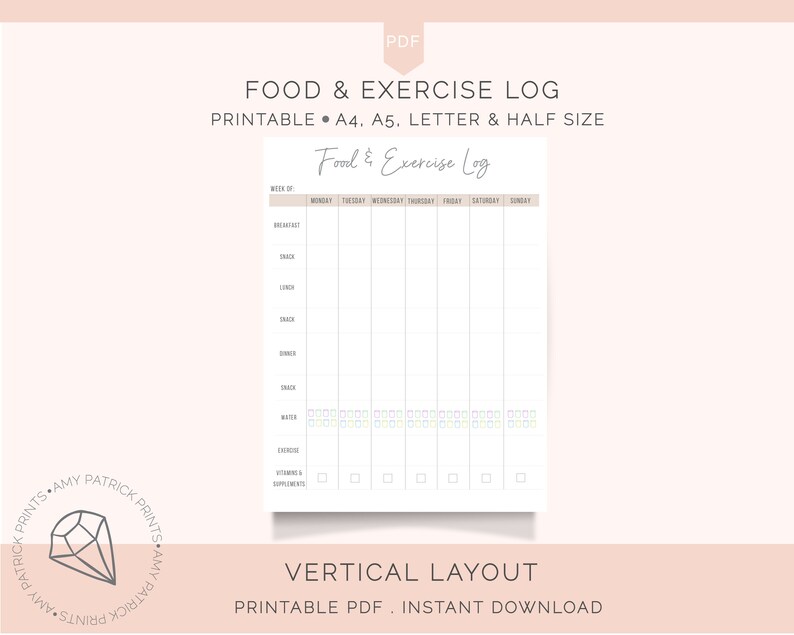 Food & Exercise Log Printable | Exercise Log | Food Tracker | INSTANT ...