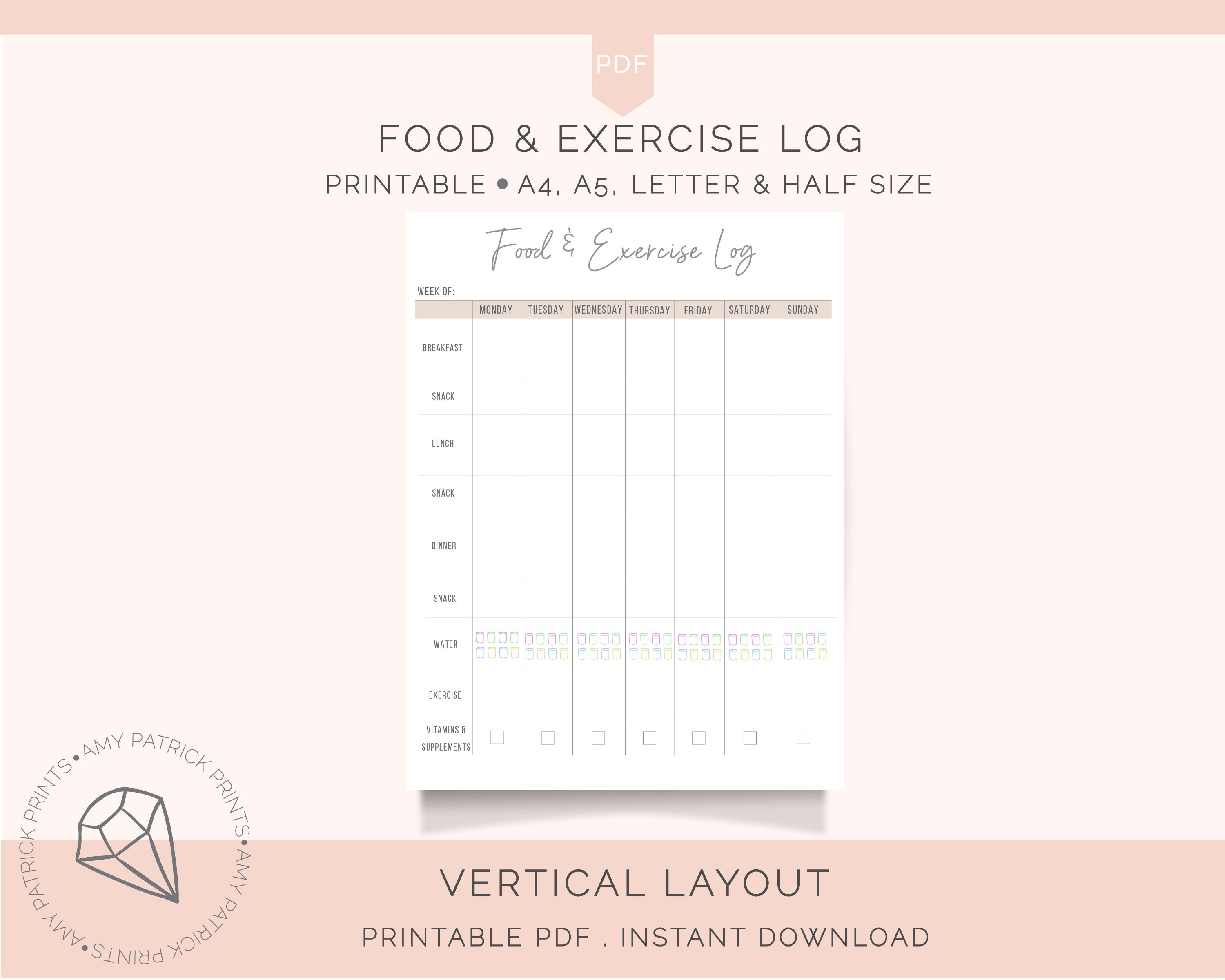 Food & Exercise Log Printable | Exercise Log | Food Tracker | INSTANT ...