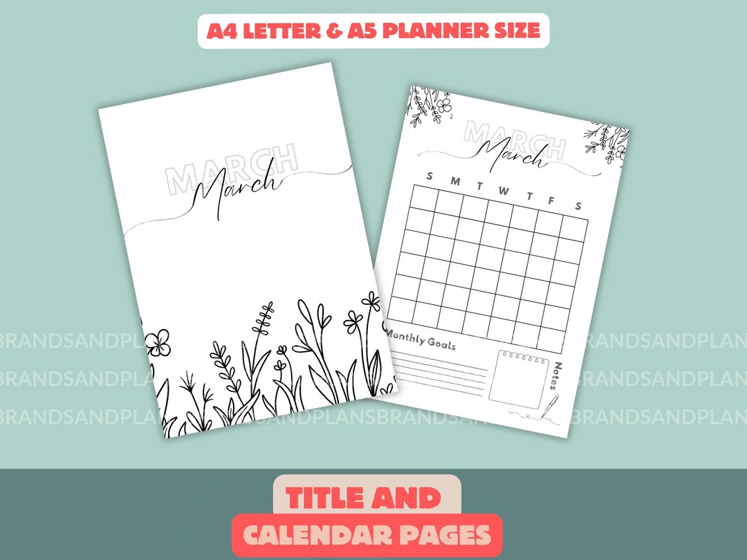 March Title Page and Calendar - Printable Planner Pages - Bujo - A4 ...