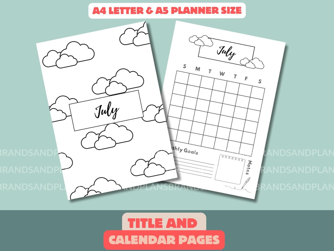 July Title Page & Calendar - Printable July Monthly Planner - Bullet ...