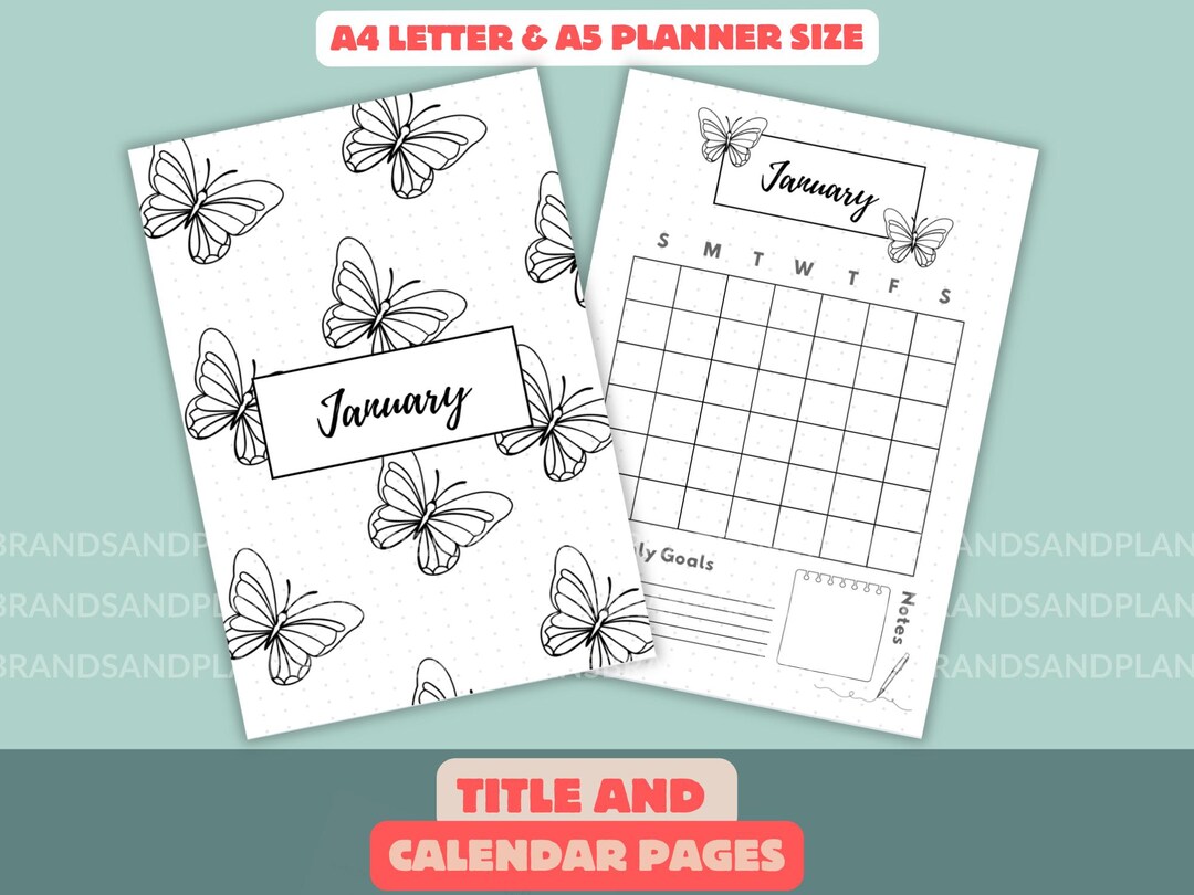 January Calendar & Title Page - Printable Bullet Journal Cover - A4 A5 ...