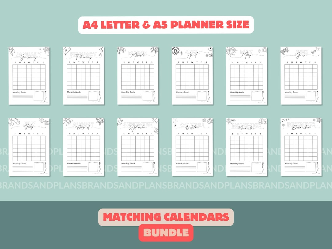 12-month Calendar Bundle- PRINTABLE Planner Pages - Calendar Template ...