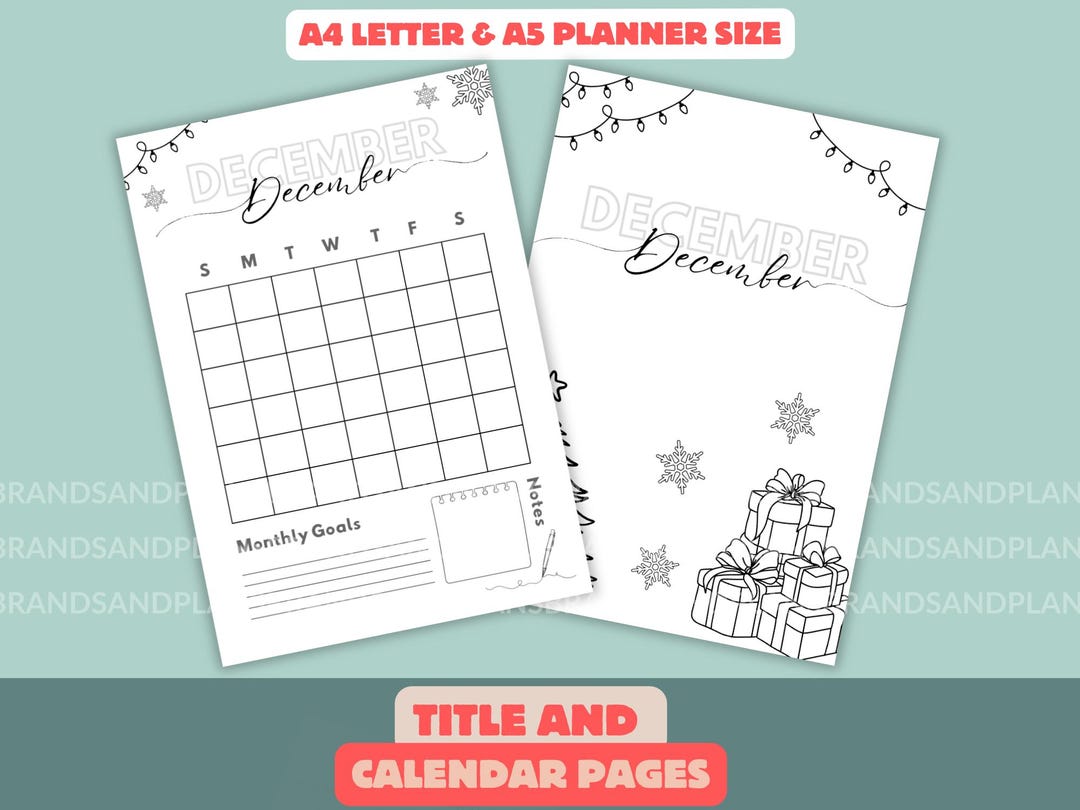 December Title Page and Calendar – Printable Journal Pages – A4 & A5 ...