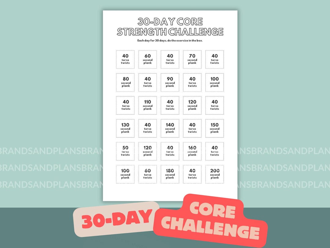 30 Day Core Strength Challenge - PRINTABLE Ab Workout Tracker - Fitness ...