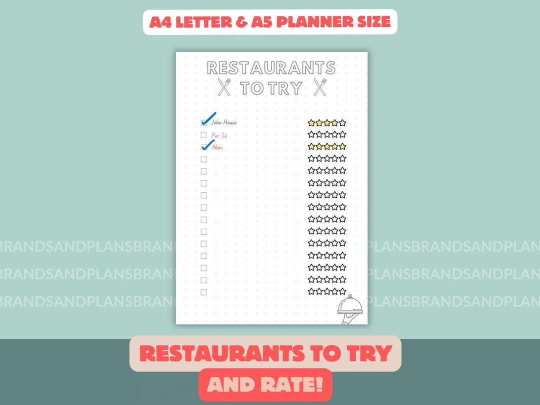 Restaurants to Try Tracker - Printable Journal Page - Restaurant Rating ...