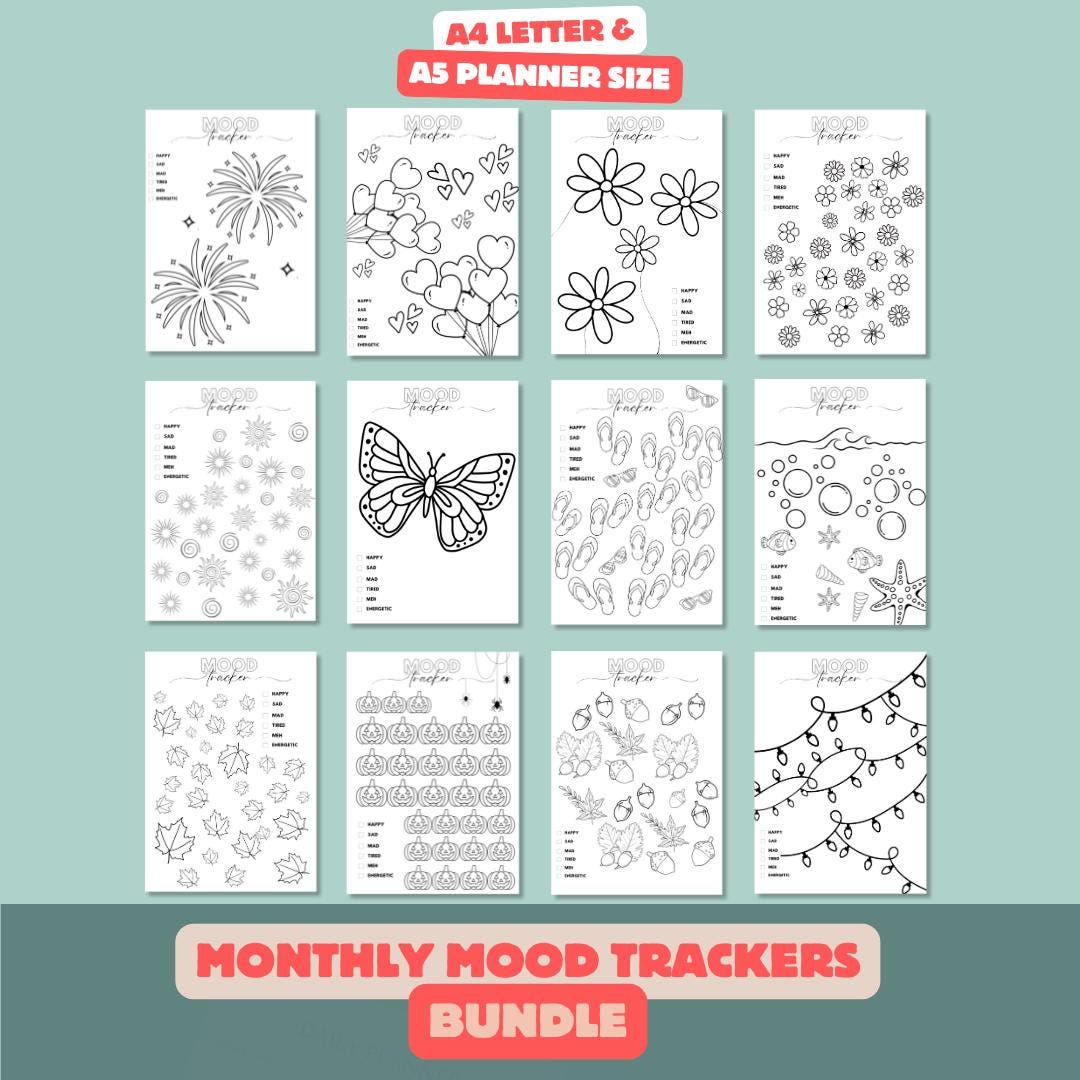 12-month Mood Tracker Bundle – Printable Journal Pages – A4 & A5 Sizes ...