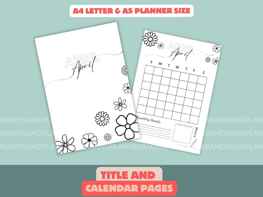 April Title Page and Calendar - Printable Planner Pages - Bujo - A4 ...