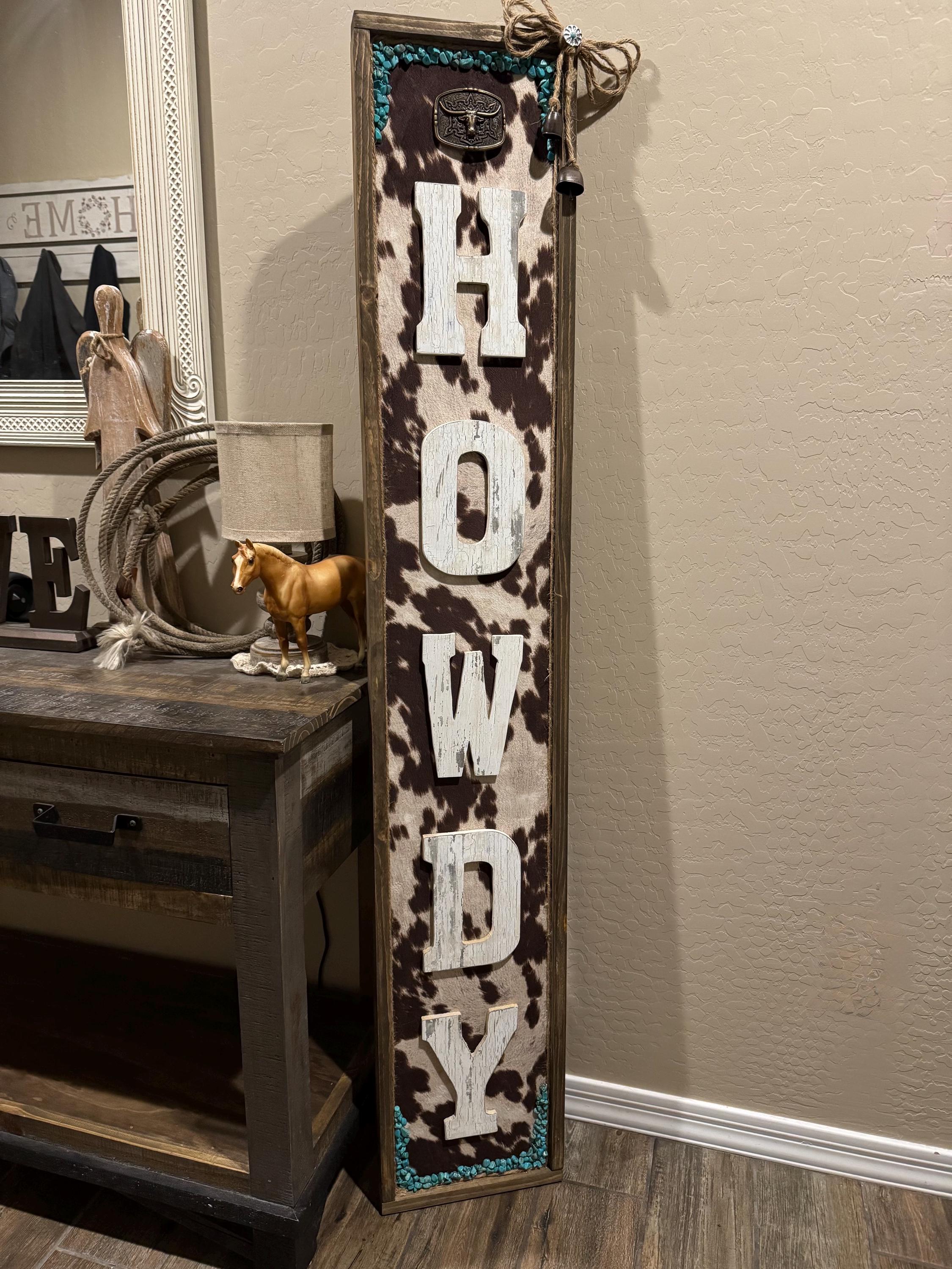 Howdy Porch Sign, Rustic Cowboy Decor, Cow Print, Turquoise Accent ...