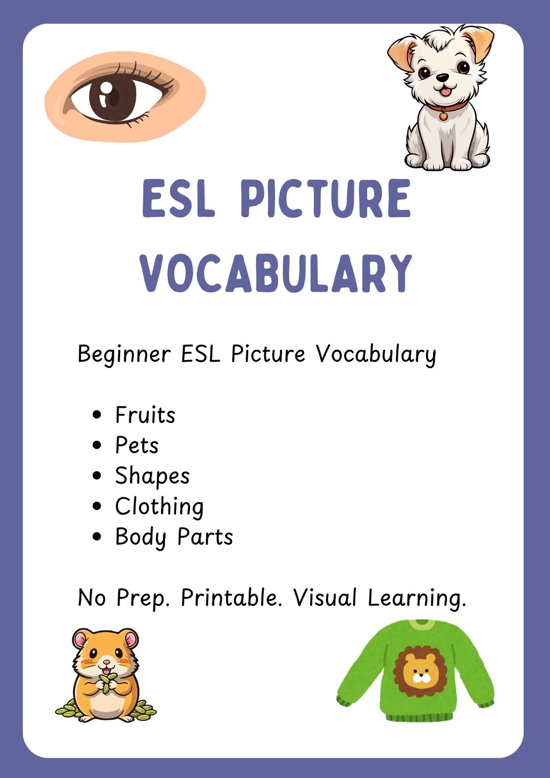 Beginner ESL Vocabulary Worksheets | Body Parts, Clothes, Fruit, Pets ...