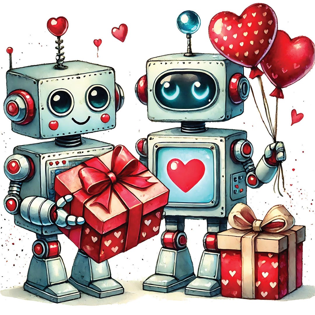 Watercolor Valentines Robot Clipart , Cute Robot Png, Sweet Heart ...