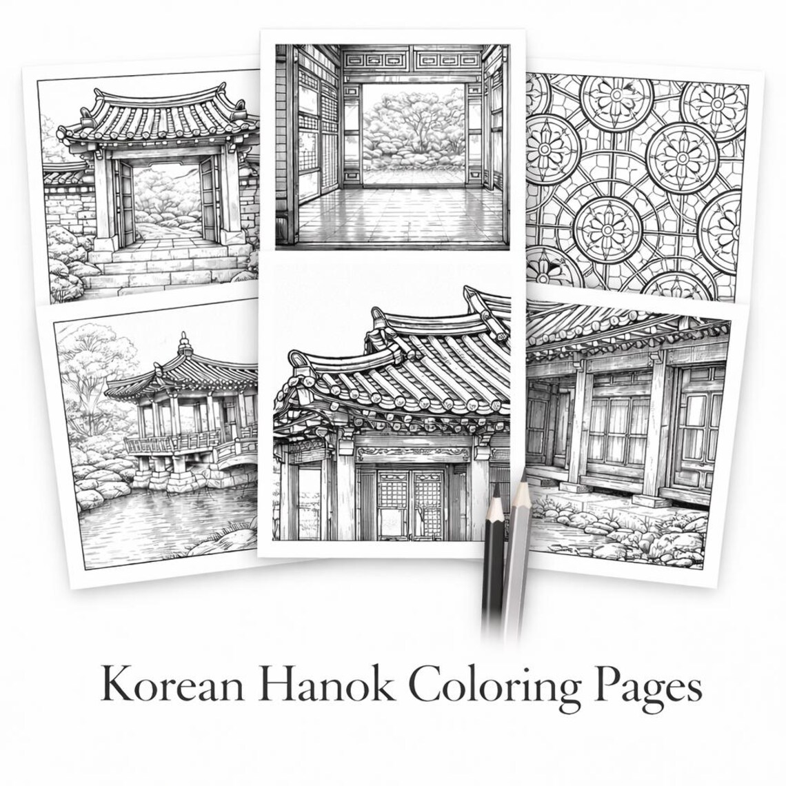 Korean Hanok Coloring Pages | Traditional Architecture Line Art ...