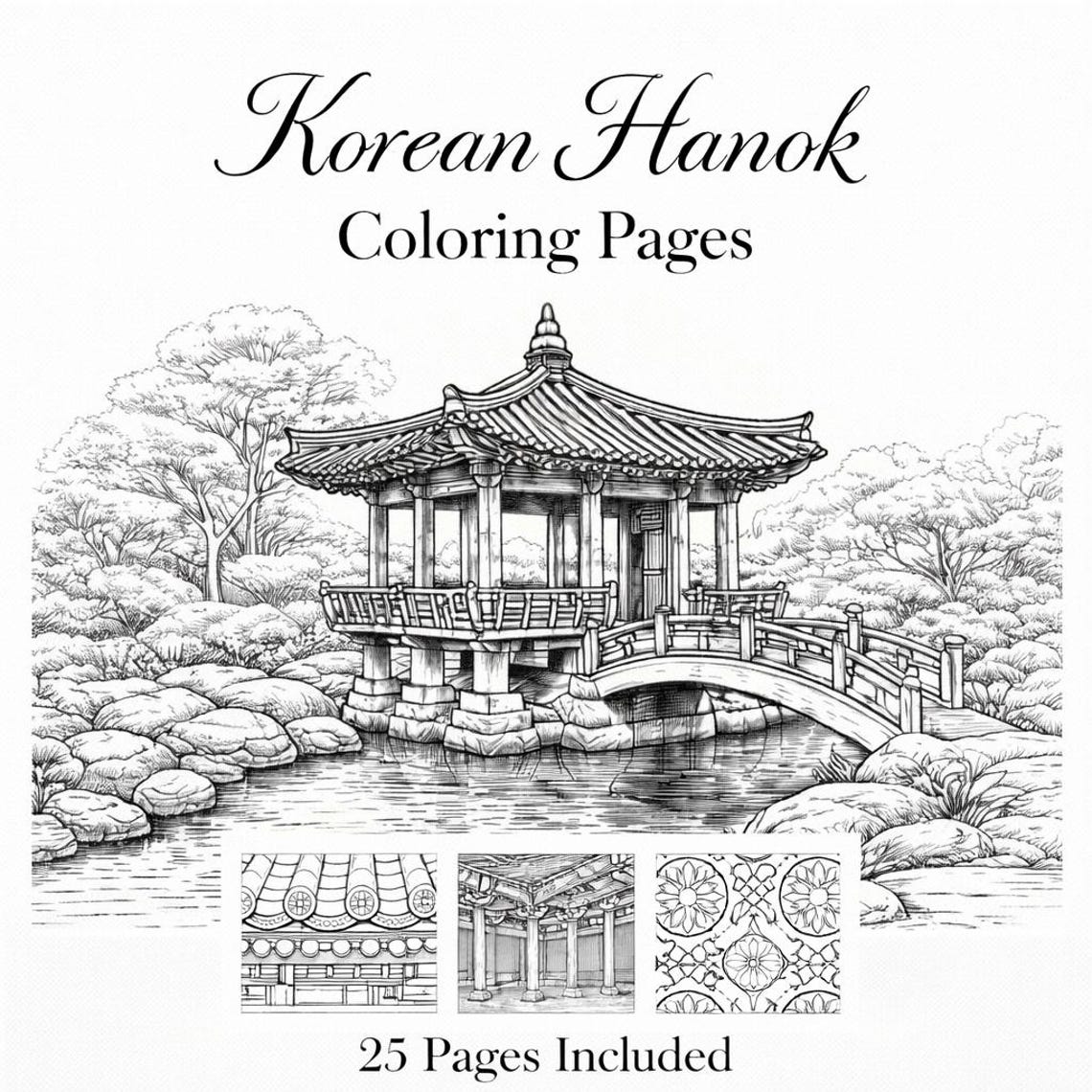 Korean Hanok Coloring Pages | Traditional Architecture Line Art ...