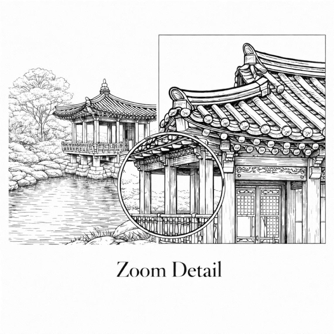 Korean Hanok Coloring Pages | Traditional Architecture Line Art ...