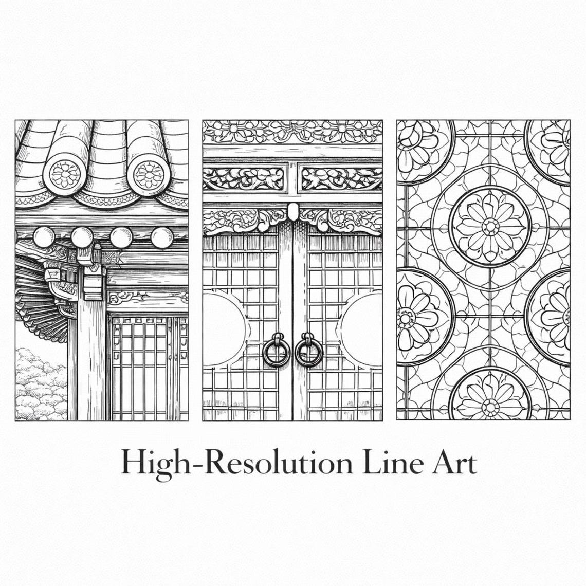 Korean Hanok Coloring Pages | Traditional Architecture Line Art ...
