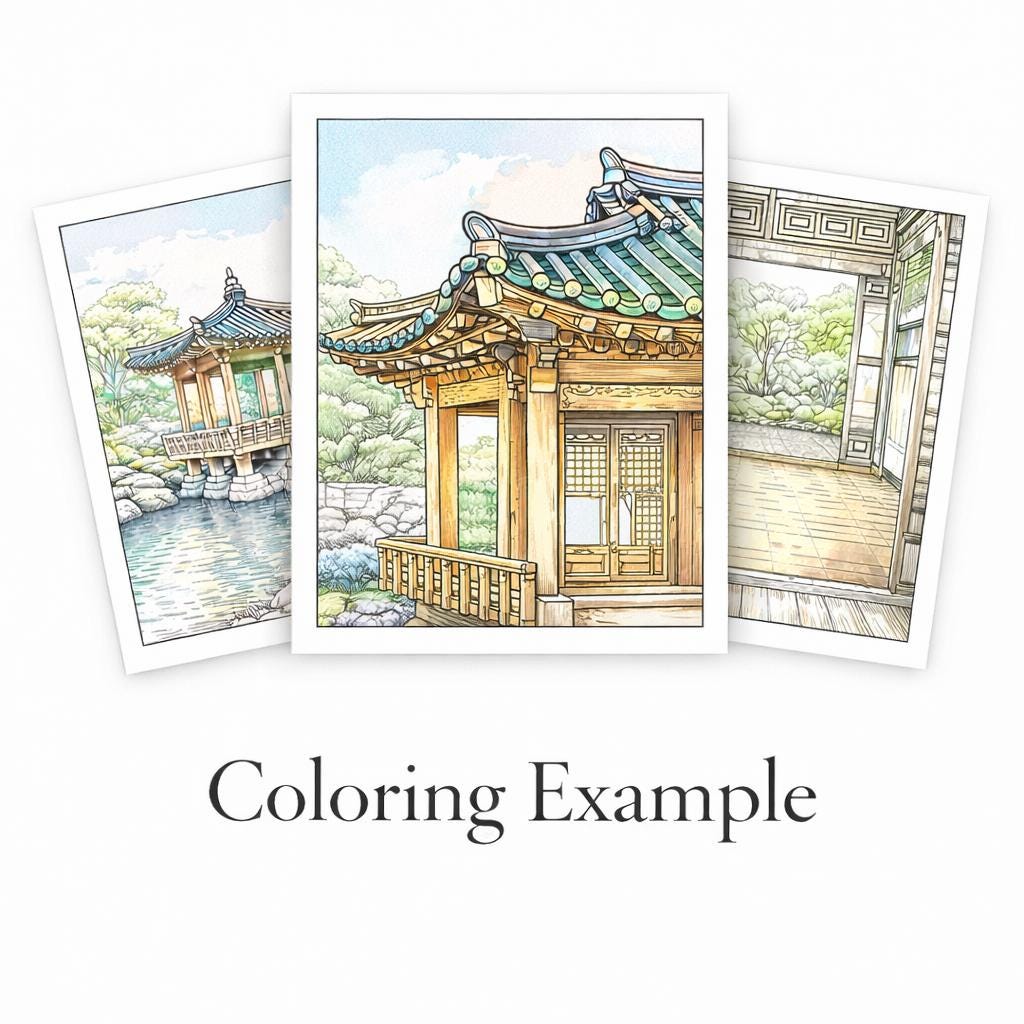 Korean Hanok Coloring Pages | Traditional Architecture Line Art ...