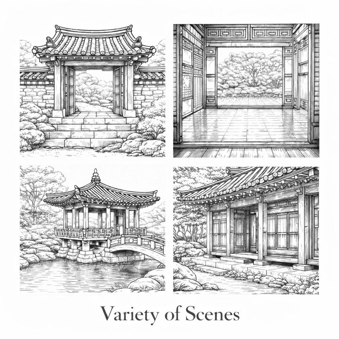 Korean Hanok Coloring Pages | Traditional Architecture Line Art ...