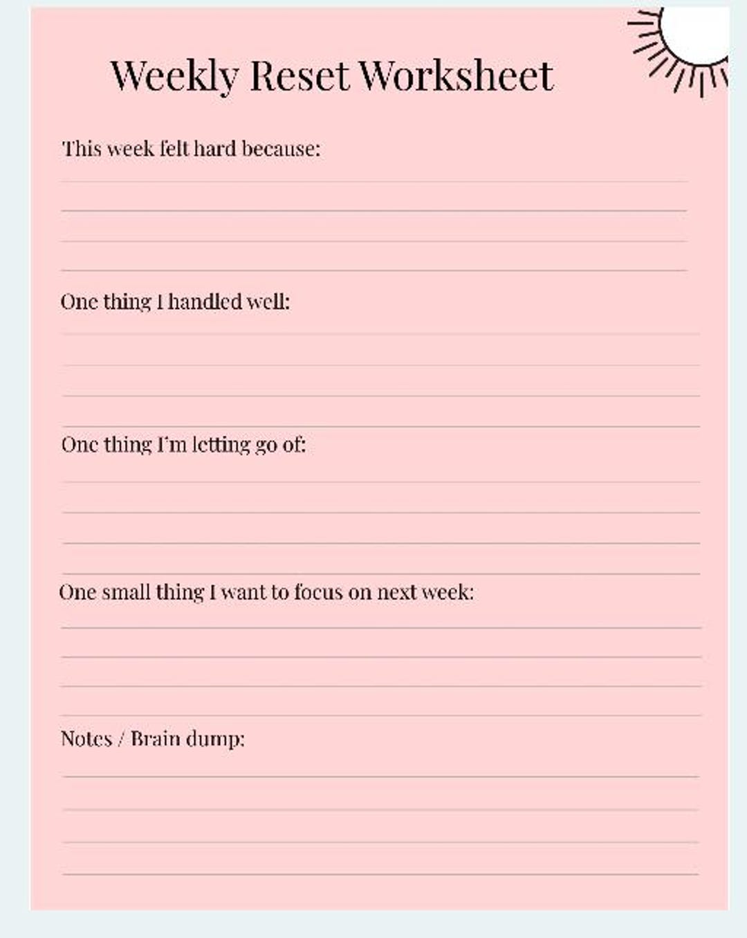 Weekly Reset Worksheet | Simple Printable Planner | Self-reflection PDF ...
