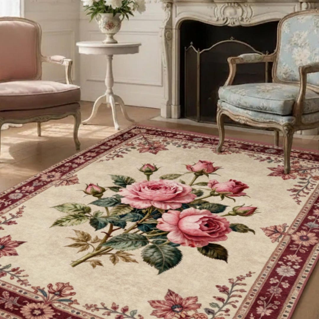 Vintage Floral Rose Area Rug, Thin Machine Washable Carpet, Cottagecore ...