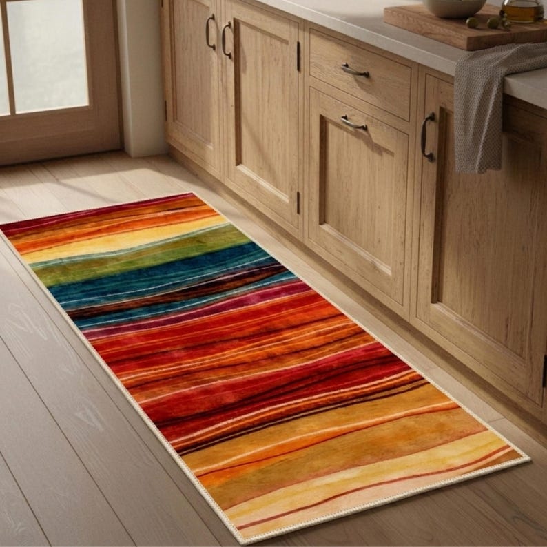 Sunset Colorful Runner Rug, Boho Stripe Kitchen Runner, Warm Modern ...