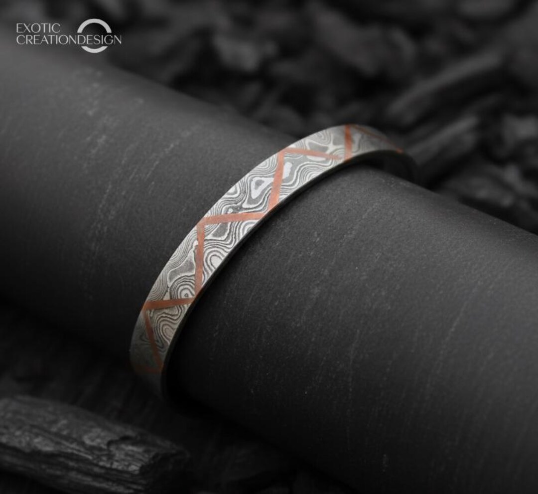 Viking Damascus Steel Bracelet, Hand Forged Cuff With Red Line ...