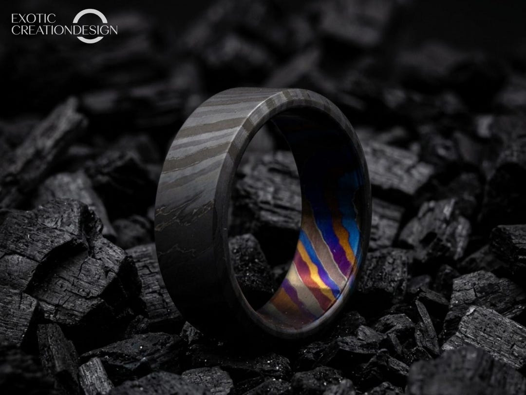 Timascus Ring for Men, Zirconium Black Titanium Wedding Band, Damascus ...