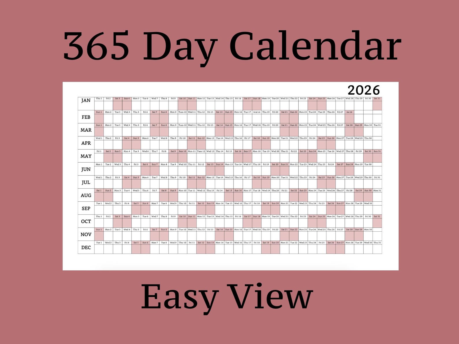 365 Day Calendar 2026 | Printable PDF | Easy View - Etsy UK