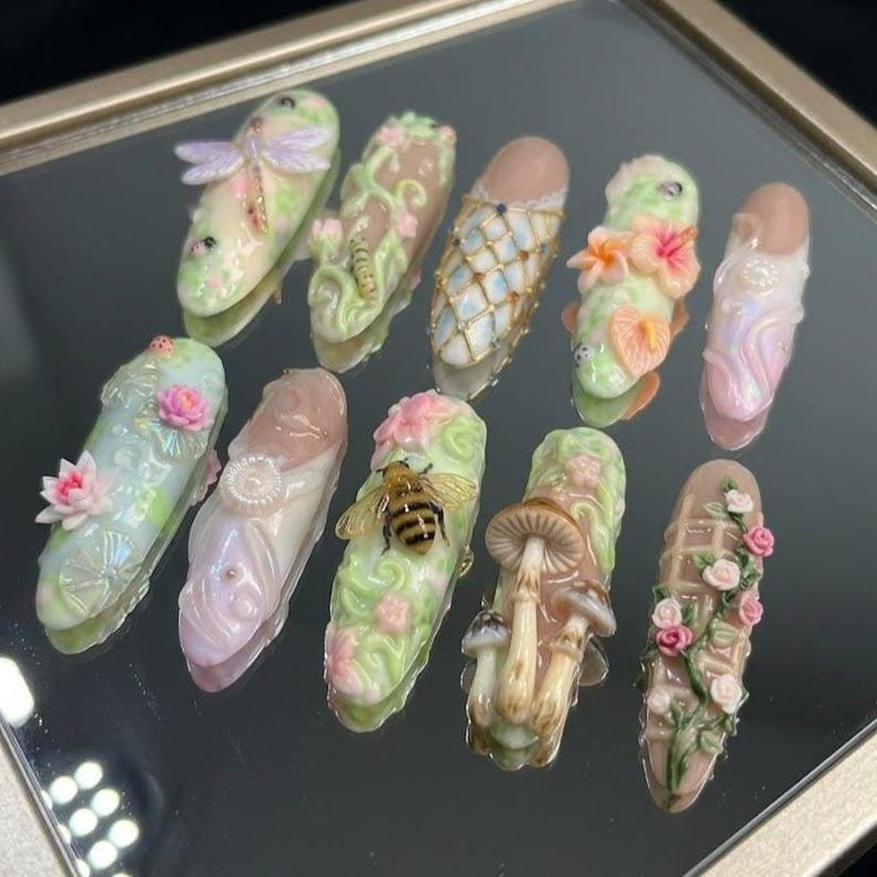 Handmade Fairy Garden Press on Nails: Dragonfly, Bee, Mushroom, Lily ...