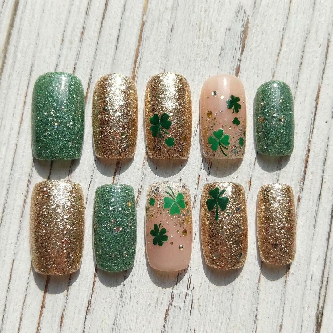 Gold Glitter Clover Press on Nails: Green Lucky Charm Unique Elegant ...