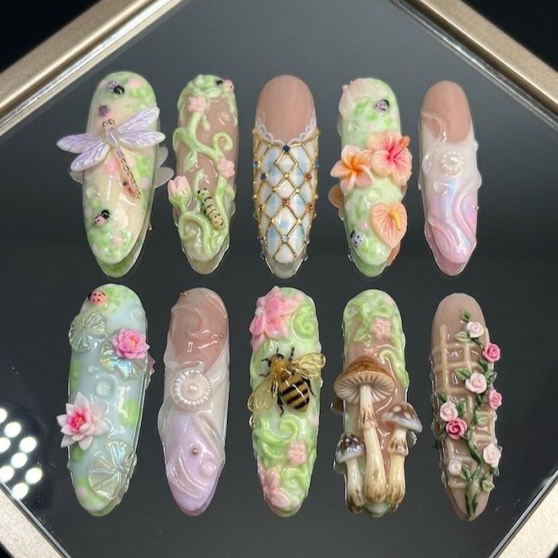 Handmade Fairy Garden Press on Nails: Dragonfly, Bee, Mushroom, Lily ...